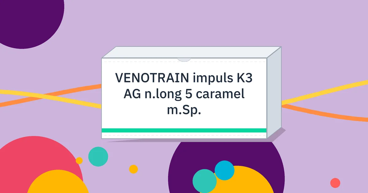 Symbolbild: Packung mit der Aufschrift VENOTRAIN impuls K3 AG n.long 5 caramel m.Sp. (PZN 00496573) – Verfügbarkeit und Bezug in Apotheken in Frankfurt am Main
