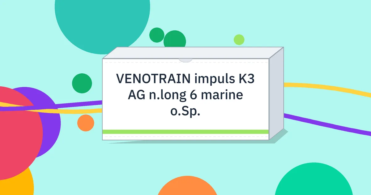 Symbolbild: Packung mit der Aufschrift VENOTRAIN impuls K3 AG n.long 6 marine o.Sp. (PZN 15213262) – Verfügbarkeit und Bezug in Apotheken in Frankfurt am Main