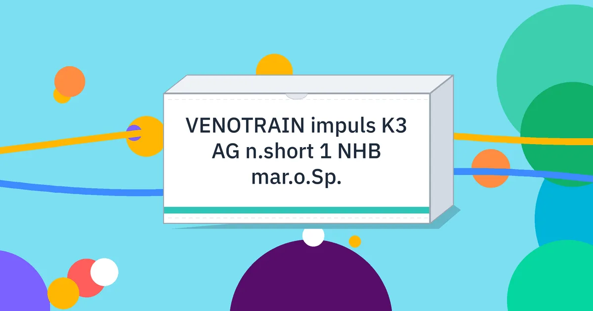 Symbolbild: Packung mit der Aufschrift VENOTRAIN impuls K3 AG n.short 1 NHB mar.o.Sp. (PZN 15215491) – Verfügbarkeit und Bezug in Apotheken in Frankfurt am Main