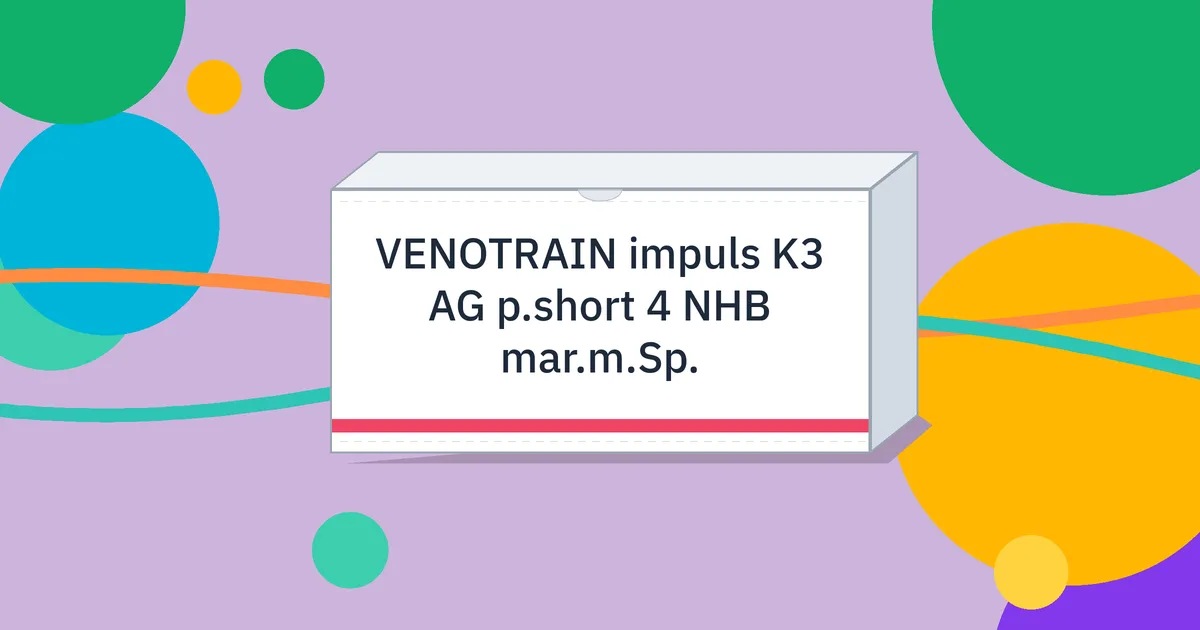 Symbolbild: Packung mit der Aufschrift VENOTRAIN impuls K3 AG p.short 4 NHB mar.m.Sp. (PZN 15215396) – Verfügbarkeit und Bezug in Apotheken in Frankfurt am Main
