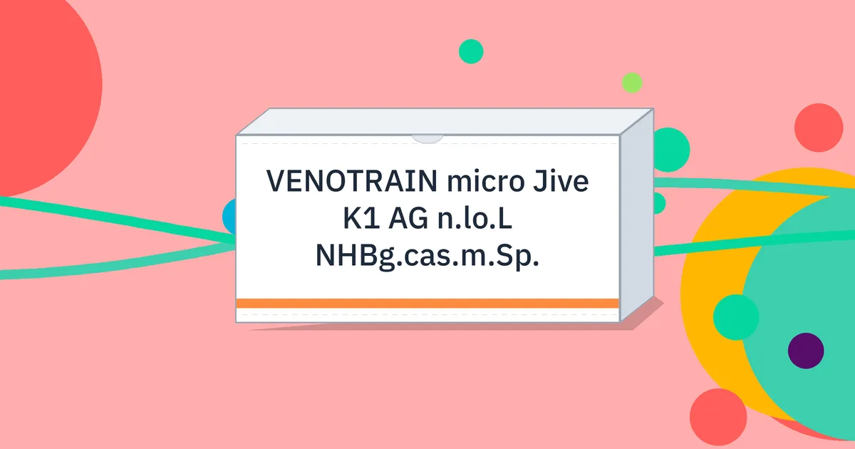 Symbolbild: Packung mit der Aufschrift VENOTRAIN micro Jive K1 AG n.lo.L NHBg.cas.m.Sp. (PZN 20766709) – Verfügbarkeit und Bezug in Apotheken in Frankfurt am Main