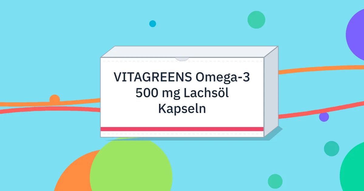 Symbolbild: Packung mit der Aufschrift VITAGREENS Omega-3 500 mg Lachsöl Kapseln (PZN 04997409) – Verfügbarkeit und Bezug in Apotheken in Frankfurt am Main