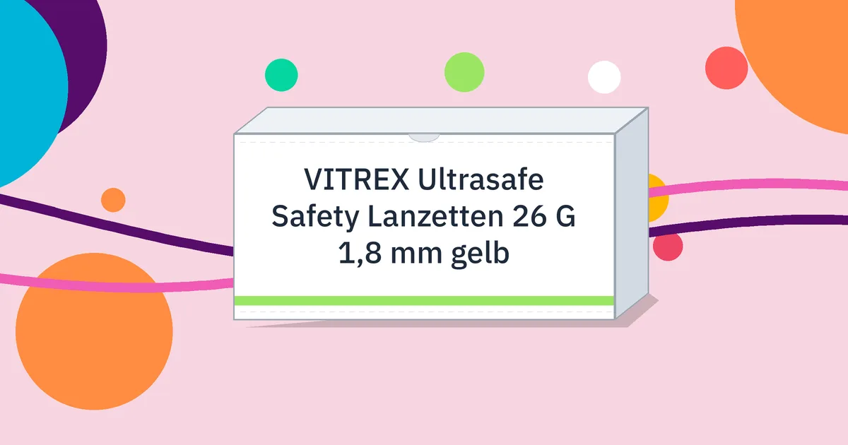 Symbolbild: Packung mit der Aufschrift VITREX Ultrasafe Safety Lanzetten 26 G 1,8 mm gelb (PZN 20130130) – Verfügbarkeit und Bezug in Apotheken in Frankfurt am Main