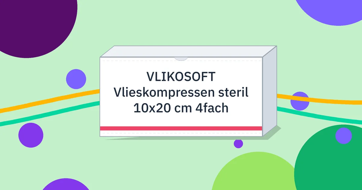 Symbolbild: Packung mit der Aufschrift VLIKOSOFT Vlieskompressen steril 10x20 cm 4fach (PZN 19721274) – Verfügbarkeit und Bezug in Apotheken in Frankfurt am Main