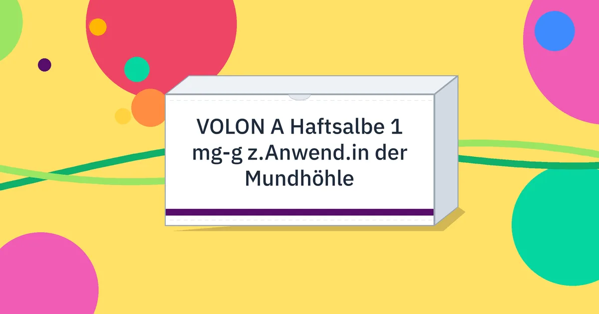 Symbolbild: Packung mit der Aufschrift VOLON A Haftsalbe 1 mg-g z.Anwend.in der Mundhöhle (PZN 01218882) – Verfügbarkeit und Bezug in Apotheken in Frankfurt am Main