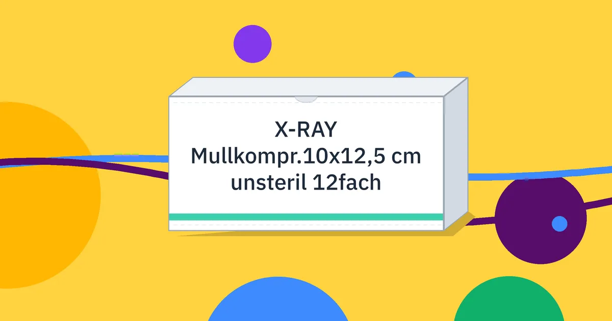 Symbolbild: Packung mit der Aufschrift X-RAY Mullkompr.10x12,5 cm unsteril 12fach (PZN 07099579) – Verfügbarkeit und Bezug in Apotheken in Frankfurt am Main