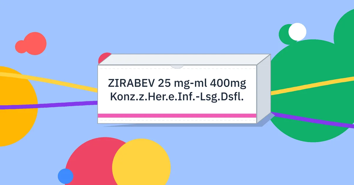 Symbolbild: Packung mit der Aufschrift ZIRABEV 25 mg-ml 400mg Konz.z.Her.e.Inf.-Lsg.Dsfl. (PZN 19437082) – Verfügbarkeit und Bezug in Apotheken in Frankfurt am Main