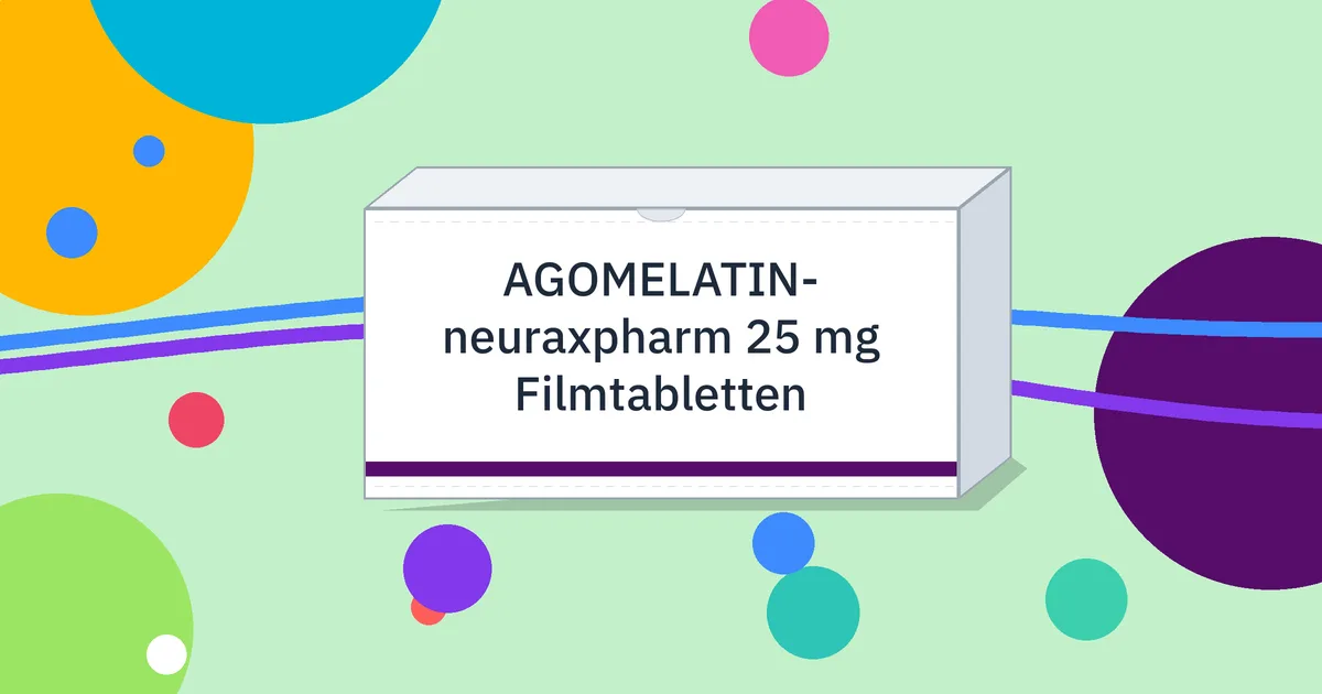Symbolbild: Packung mit der Aufschrift AGOMELATIN-neuraxpharm 25 mg Filmtabletten (PZN 14239561) – Verfügbarkeit und Bezug in Apotheken in Frankfurt am Main