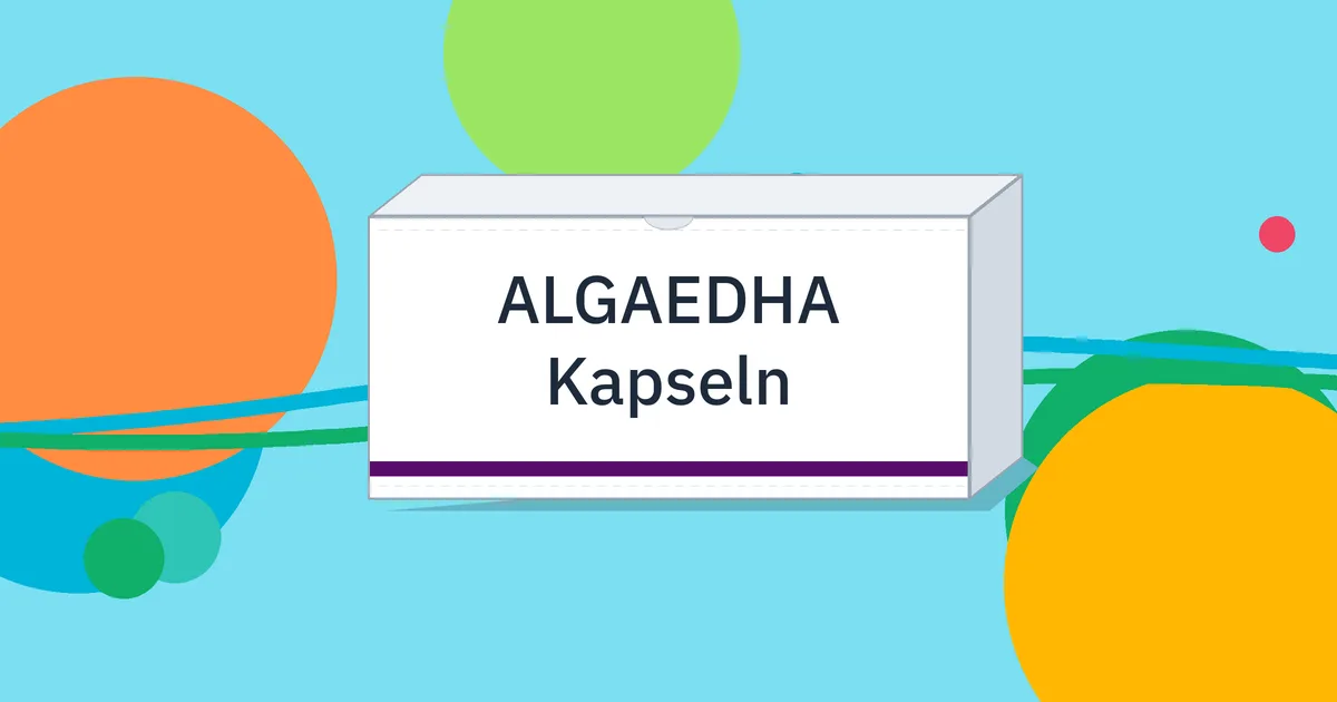 Symbolbild: Packung mit der Aufschrift ALGAEDHA Kapseln (PZN 13845992) – Verfügbarkeit und Bezug in Apotheken in Frankfurt am Main