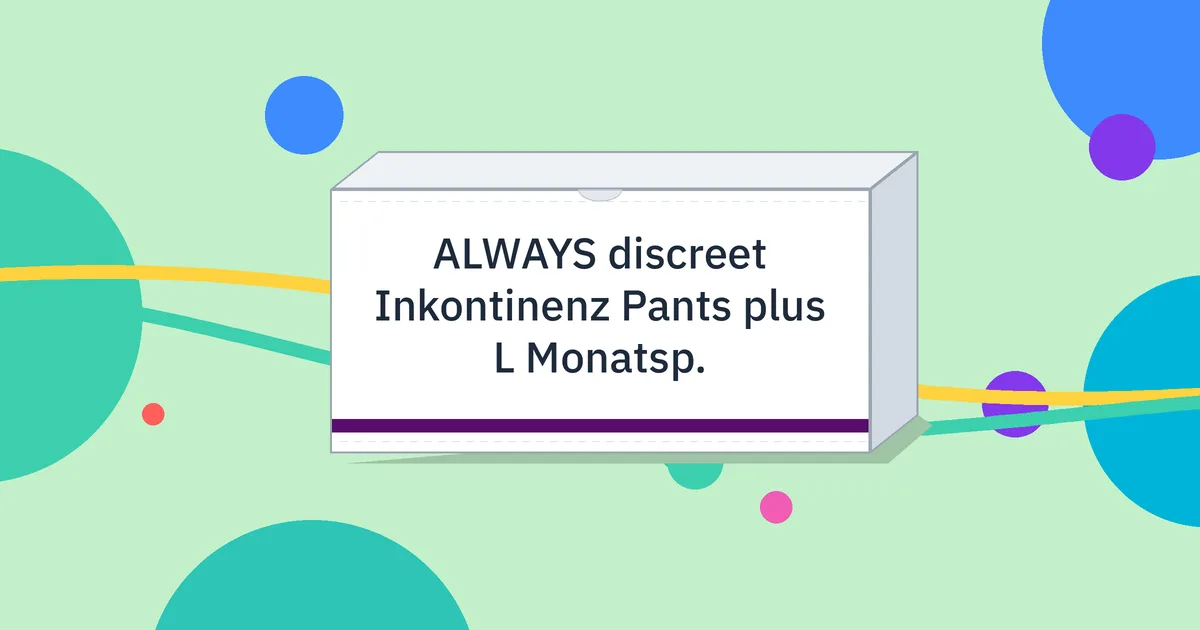 Symbolbild: Packung mit der Aufschrift ALWAYS discreet Inkontinenz Pants plus L Monatsp. (PZN 17443032) – Verfügbarkeit und Bezug in Apotheken in Frankfurt am Main