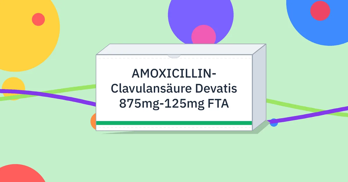 Symbolbild: Packung mit der Aufschrift AMOXICILLIN-Clavulansäure Devatis 875mg-125mg FTA (PZN 15404341) – Verfügbarkeit und Bezug in Apotheken in Frankfurt am Main