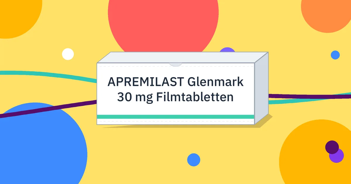 Symbolbild: Packung mit der Aufschrift APREMILAST Glenmark 30 mg Filmtabletten (PZN 20599335) – Verfügbarkeit und Bezug in Apotheken in Frankfurt am Main