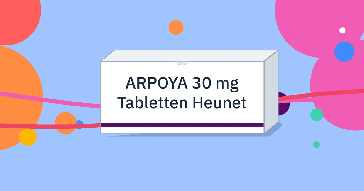 Symbolbild: Packung mit der Aufschrift ARPOYA 30 mg Tabletten Heunet (PZN 13877029) – Verfügbarkeit und Bezug in Apotheken in Frankfurt am Main