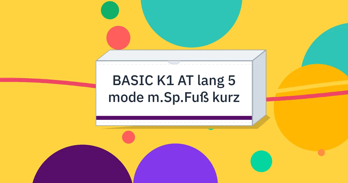 Symbolbild: Packung mit der Aufschrift BASIC K1 AT lang 5 mode m.Sp.Fuß kurz (PZN 20263115) – Verfügbarkeit und Bezug in Apotheken in Frankfurt am Main