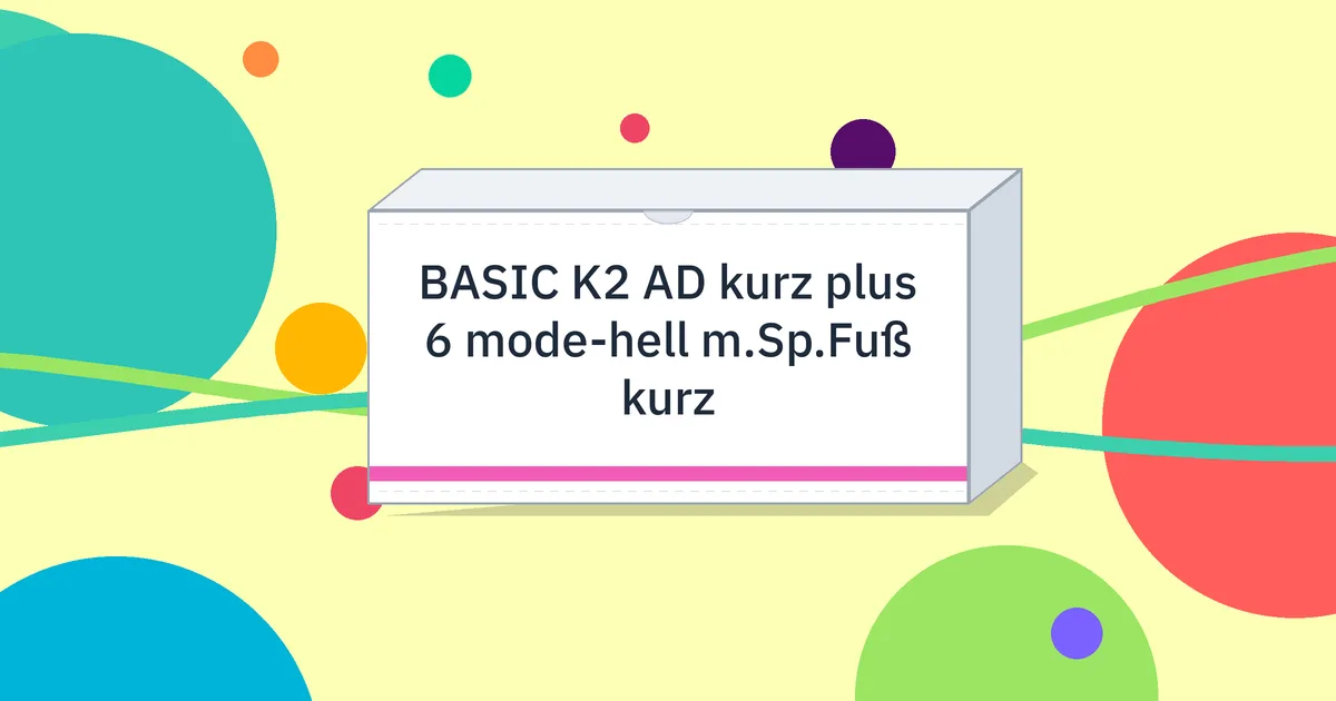 Symbolbild: Packung mit der Aufschrift BASIC K2 AD kurz plus 6 mode-hell m.Sp.Fuß kurz (PZN 20265858) – Verfügbarkeit und Bezug in Apotheken in Frankfurt am Main