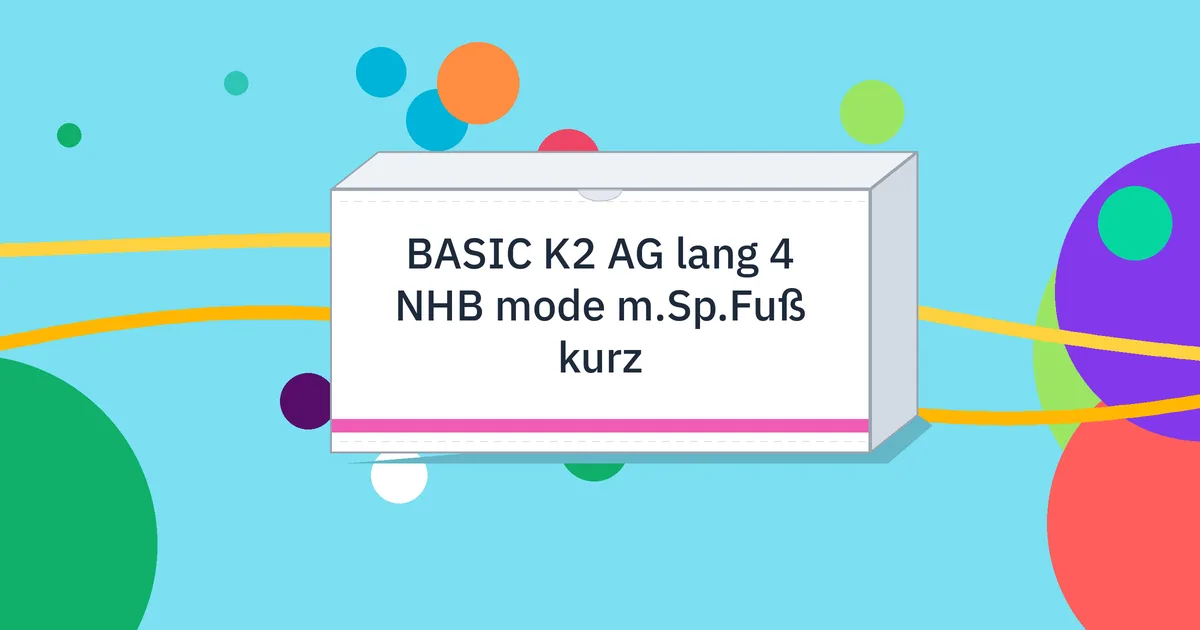 Symbolbild: Packung mit der Aufschrift BASIC K2 AG lang 4 NHB mode m.Sp.Fuß kurz (PZN 20267679) – Verfügbarkeit und Bezug in Apotheken in Frankfurt am Main
