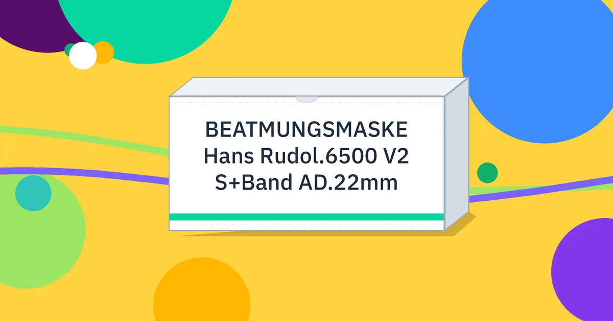 Symbolbild: Packung mit der Aufschrift BEATMUNGSMASKE Hans Rudol.6500 V2 S+Band AD.22mm (PZN 17303331) – Verfügbarkeit und Bezug in Apotheken in Frankfurt am Main