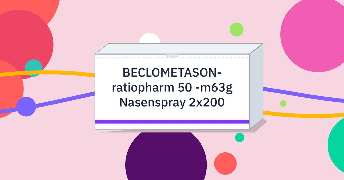 Symbolbild: Packung mit der Aufschrift BECLOMETASON-ratiopharm 50 -m63g Nasenspray 2x200 (PZN 03627840) – Verfügbarkeit und Bezug in Apotheken in Frankfurt am Main