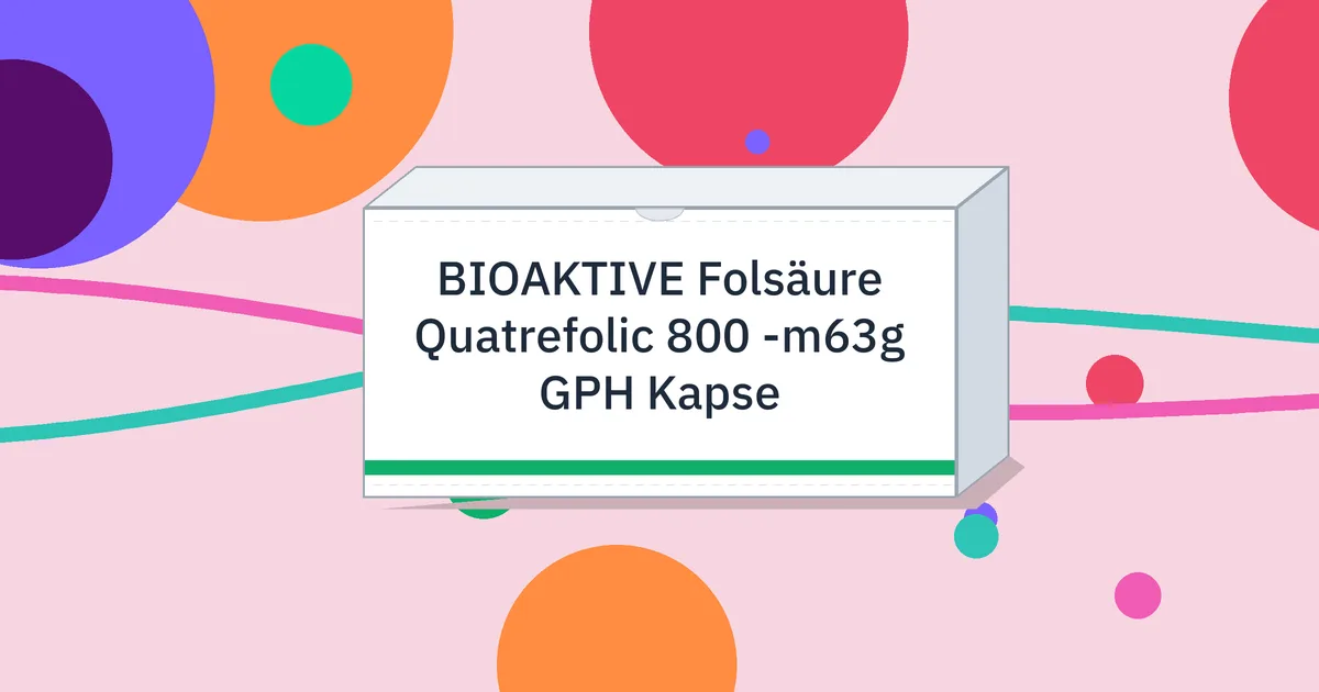Symbolbild: Packung mit der Aufschrift BIOAKTIVE Folsäure Quatrefolic 800 -m63g GPH Kapse (PZN 18310439) – Verfügbarkeit und Bezug in Apotheken in Frankfurt am Main
