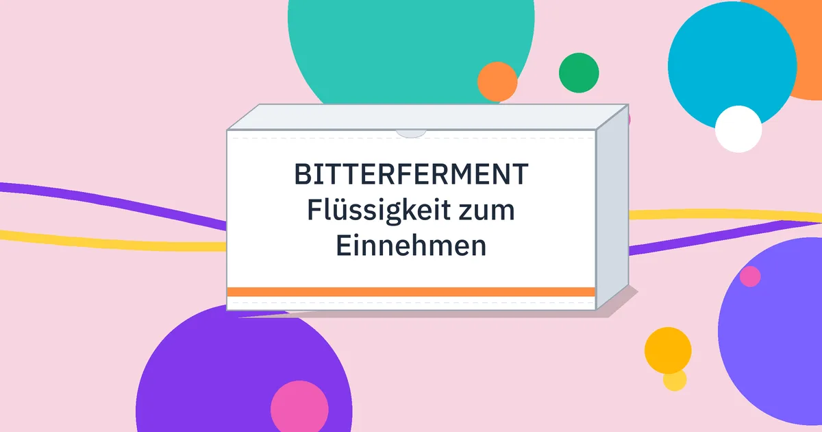 Symbolbild: Packung mit der Aufschrift BITTERFERMENT Flüssigkeit zum Einnehmen (PZN 20196471) – Verfügbarkeit und Bezug in Apotheken in Frankfurt am Main