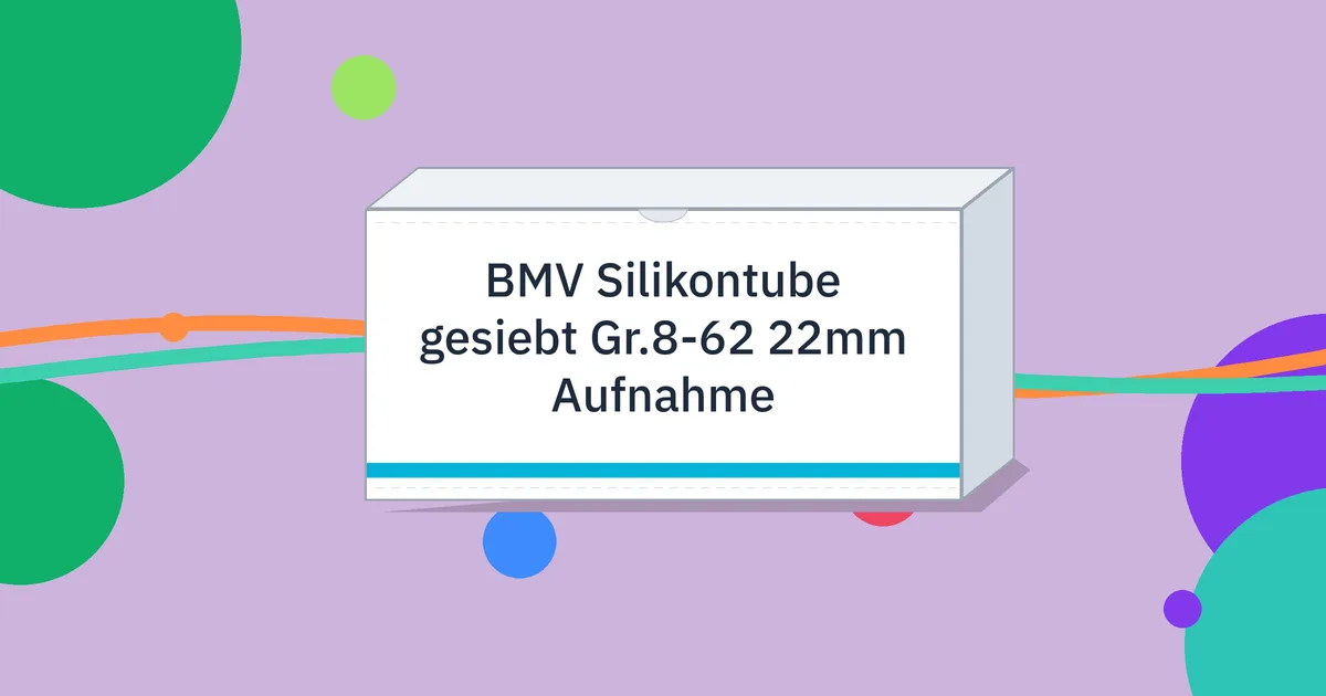 Symbolbild: Packung mit der Aufschrift BMV Silikontube gesiebt Gr.8-62 22mm Aufnahme (PZN 18386218) – Verfügbarkeit und Bezug in Apotheken in Frankfurt am Main