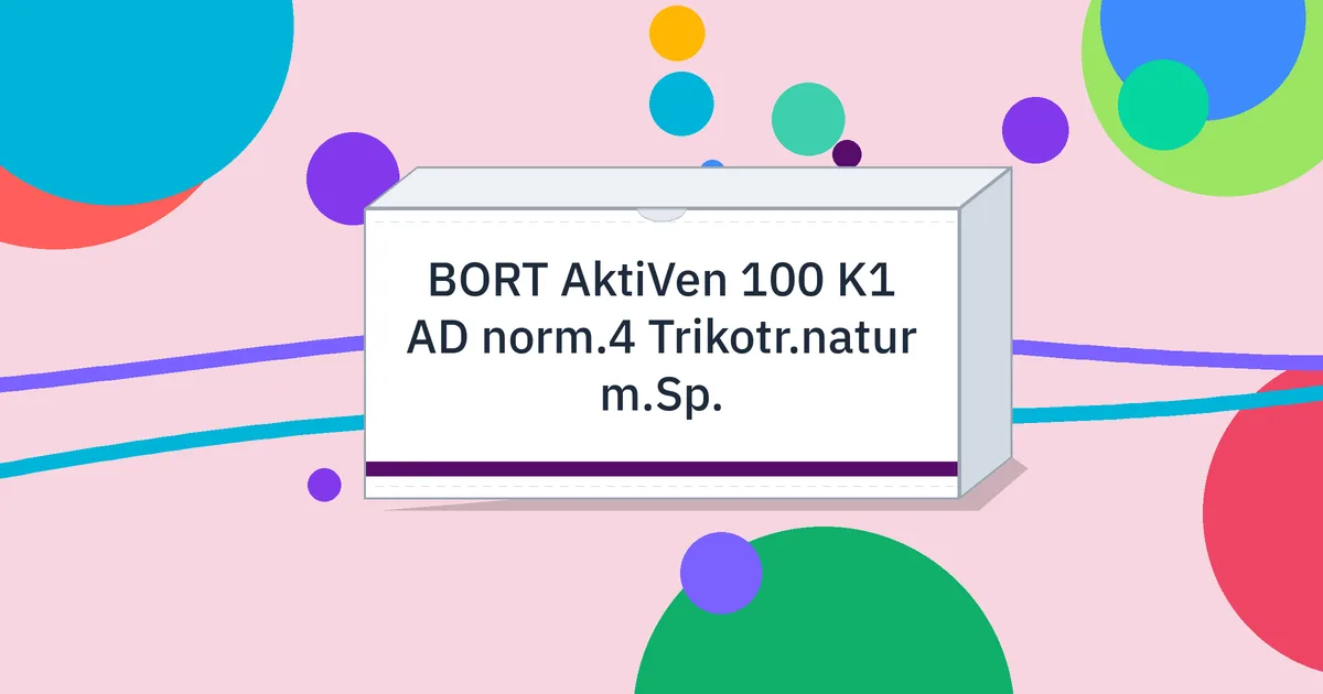 Symbolbild: Packung mit der Aufschrift BORT AktiVen 100 K1 AD norm.4 Trikotr.natur m.Sp. (PZN 13726135) – Verfügbarkeit und Bezug in Apotheken in Frankfurt am Main