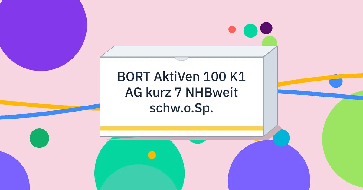 Symbolbild: Packung mit der Aufschrift BORT AktiVen 100 K1 AG kurz 7 NHBweit schw.o.Sp. (PZN 14387830) – Verfügbarkeit und Bezug in Apotheken in Frankfurt am Main