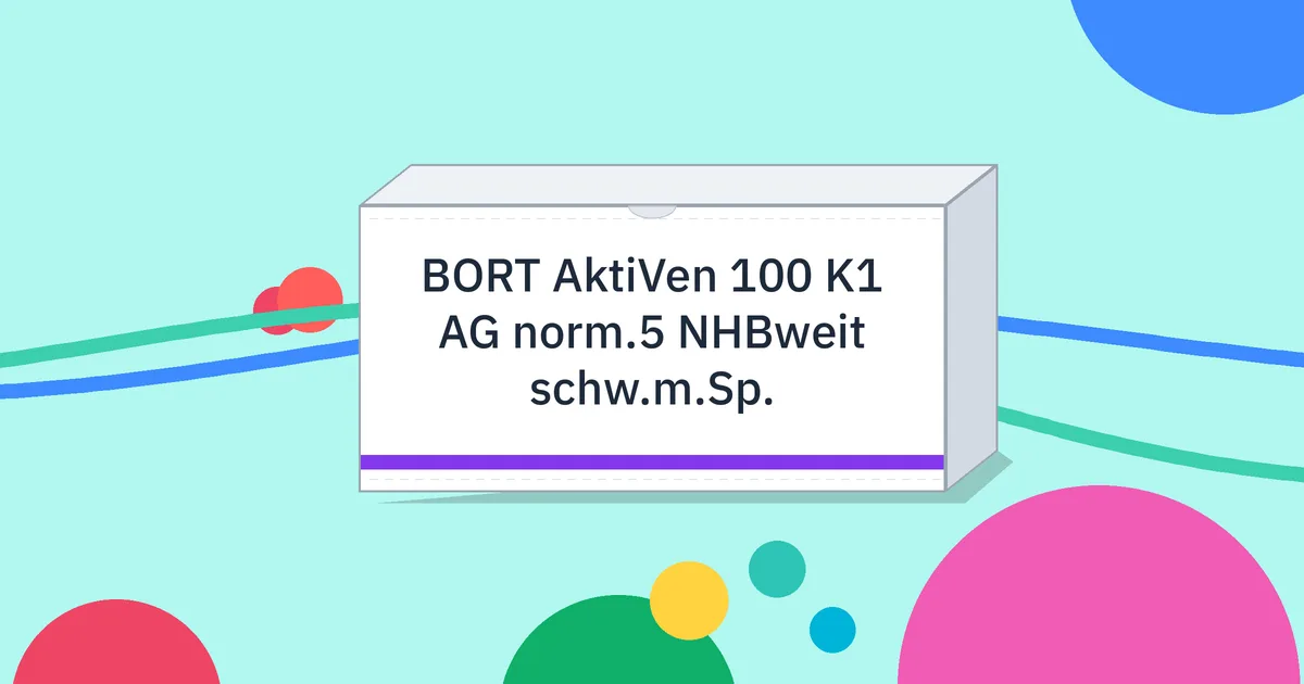 Symbolbild: Packung mit der Aufschrift BORT AktiVen 100 K1 AG norm.5 NHBweit schw.m.Sp. (PZN 14388344) – Verfügbarkeit und Bezug in Apotheken in Frankfurt am Main
