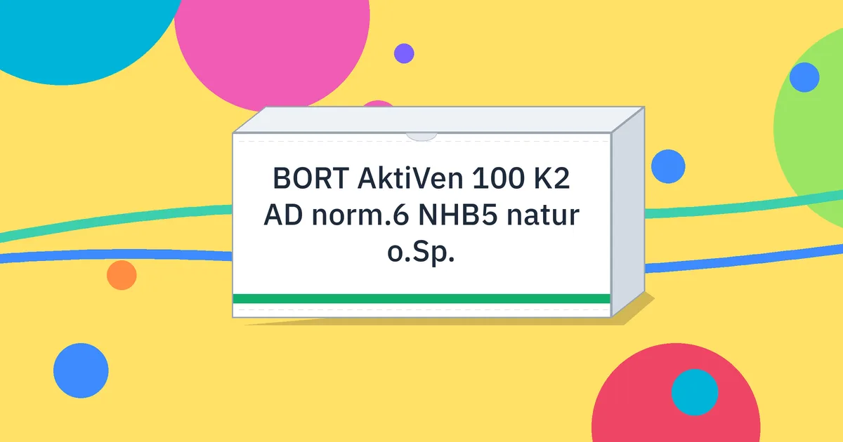 Symbolbild: Packung mit der Aufschrift BORT AktiVen 100 K2 AD norm.6 NHB5 natur o.Sp. (PZN 17493828) – Verfügbarkeit und Bezug in Apotheken in Frankfurt am Main