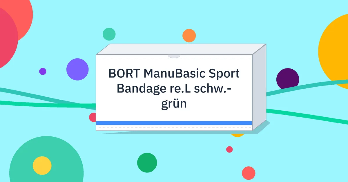 Symbolbild: Packung mit der Aufschrift BORT ManuBasic Sport Bandage re.L schw.-grün (PZN 02738454) – Verfügbarkeit und Bezug in Apotheken in Frankfurt am Main