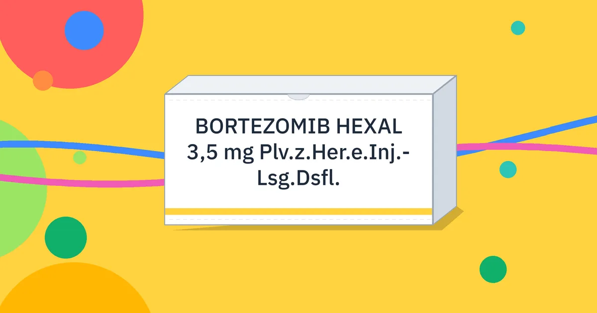 Symbolbild: Packung mit der Aufschrift BORTEZOMIB HEXAL 3,5 mg Plv.z.Her.e.Inj.-Lsg.Dsfl. (PZN 14042580) – Verfügbarkeit und Bezug in Apotheken in Frankfurt am Main