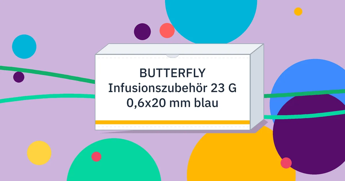 Symbolbild: Packung mit der Aufschrift BUTTERFLY Infusionszubehör 23 G 0,6x20 mm blau (PZN 17848579) – Verfügbarkeit und Bezug in Apotheken in Frankfurt am Main
