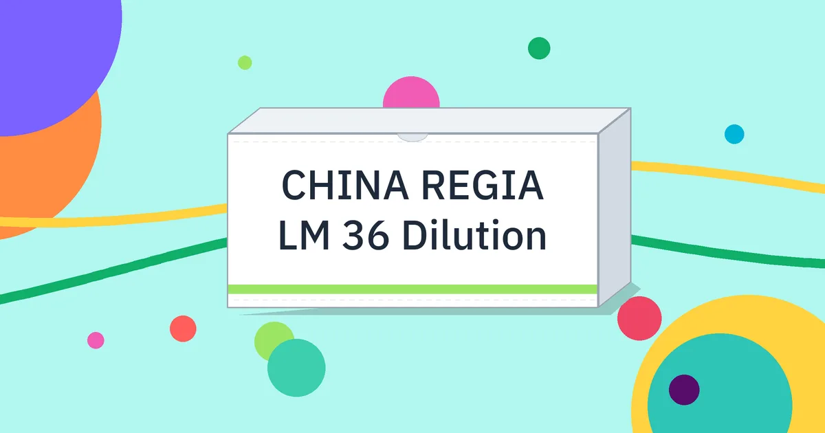 Symbolbild: Packung mit der Aufschrift CHINA REGIA LM 36 Dilution (PZN 12814498) – Verfügbarkeit und Bezug in Apotheken in Frankfurt am Main