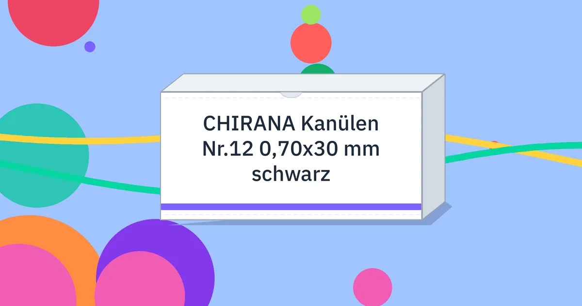Symbolbild: Packung mit der Aufschrift CHIRANA Kanülen Nr.12 0,70x30 mm schwarz (PZN 11609000) – Verfügbarkeit und Bezug in Apotheken in Frankfurt am Main