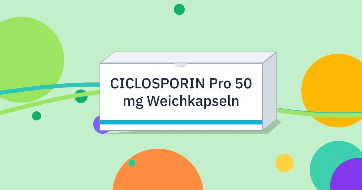 Symbolbild: Packung mit der Aufschrift CICLOSPORIN Pro 50 mg Weichkapseln (PZN 16223156) – Verfügbarkeit und Bezug in Apotheken in Frankfurt am Main