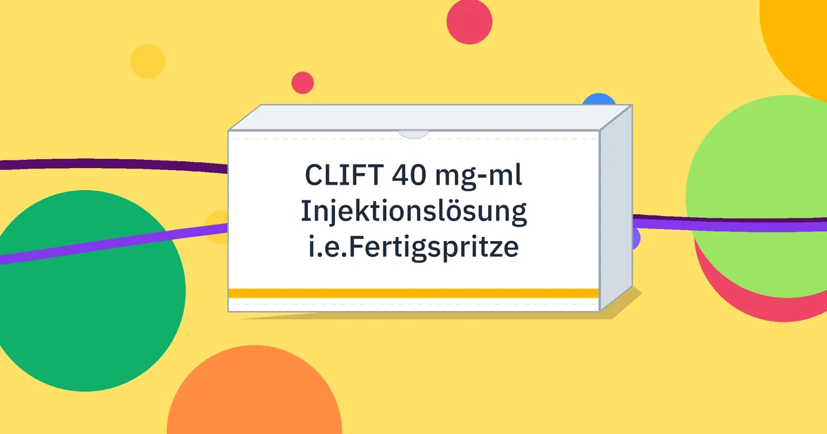 Symbolbild: Packung mit der Aufschrift CLIFT 40 mg-ml Injektionslösung i.e.Fertigspritze (PZN 18364493) – Verfügbarkeit und Bezug in Apotheken in Frankfurt am Main