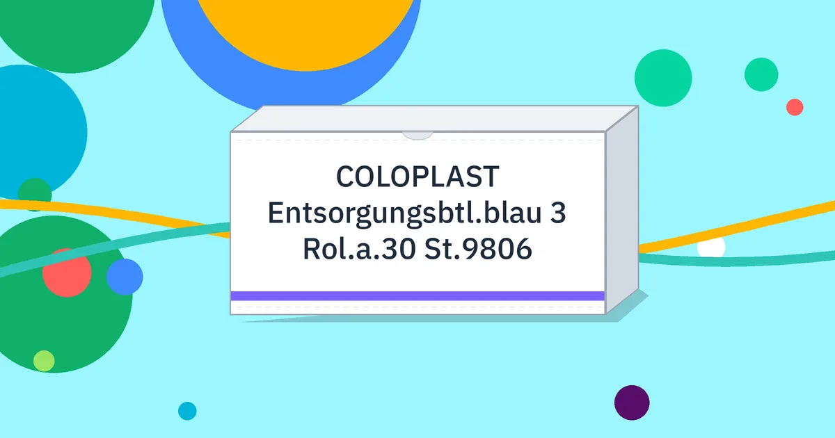 Symbolbild: Packung mit der Aufschrift COLOPLAST Entsorgungsbtl.blau 3 Rol.a.30 St.9806 (PZN 00355080) – Verfügbarkeit und Bezug in Apotheken in Frankfurt am Main
