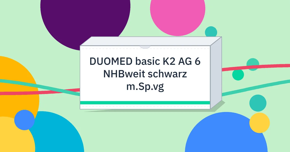Symbolbild: Packung mit der Aufschrift DUOMED basic K2 AG 6 NHBweit schwarz m.Sp.vg (PZN 20909296) – Verfügbarkeit und Bezug in Apotheken in Frankfurt am Main