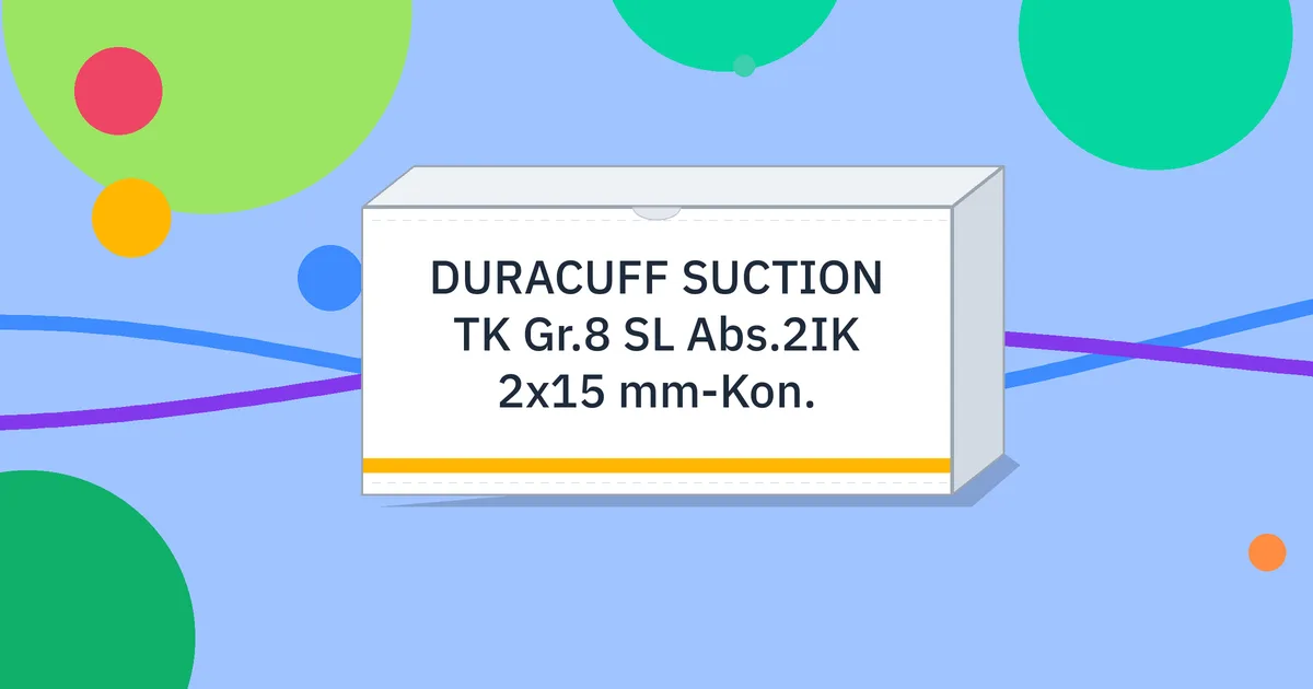 Symbolbild: Packung mit der Aufschrift DURACUFF SUCTION TK Gr.8 SL Abs.2IK 2x15 mm-Kon. (PZN 04959320) – Verfügbarkeit und Bezug in Apotheken in Frankfurt am Main