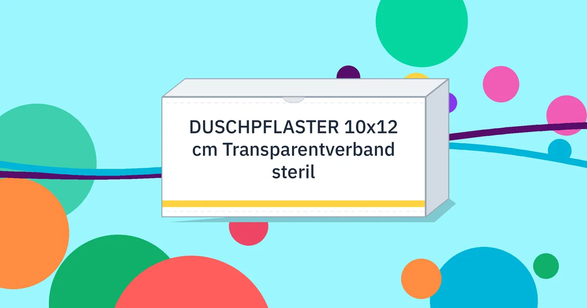 Symbolbild: Packung mit der Aufschrift DUSCHPFLASTER 10x12 cm Transparentverband steril (PZN 11049156) – Verfügbarkeit und Bezug in Apotheken in Frankfurt am Main