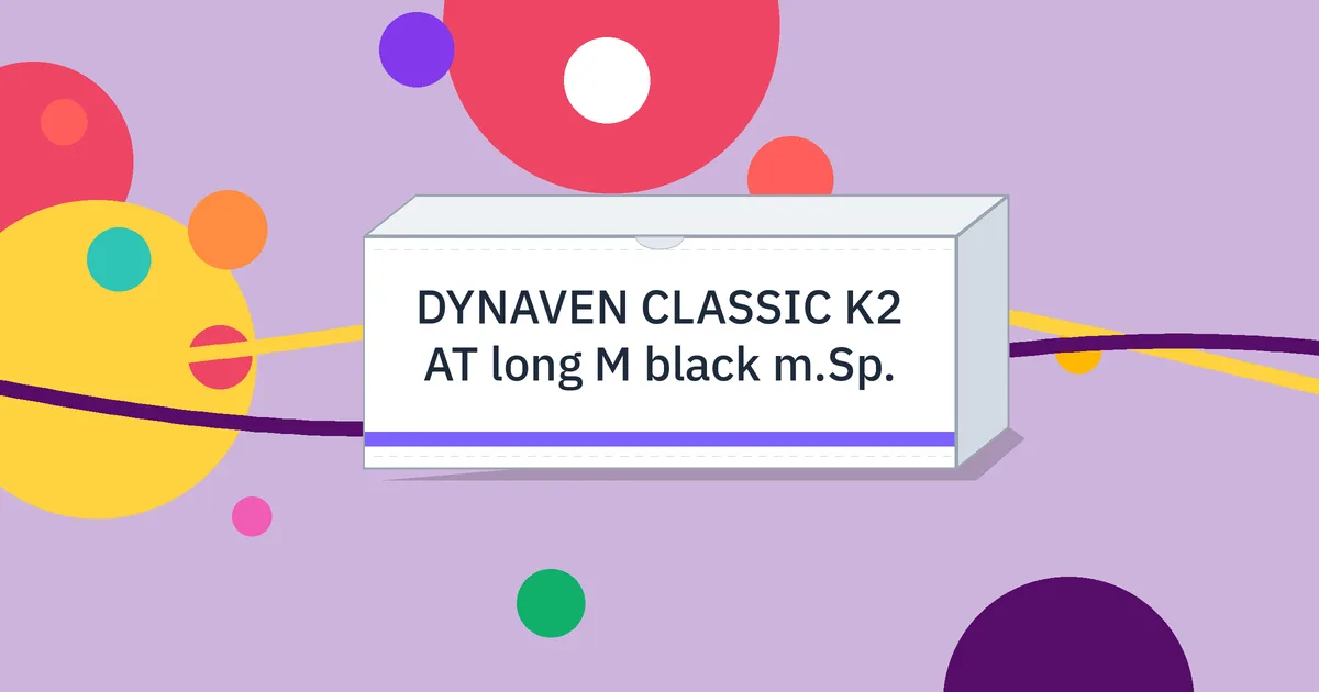 Symbolbild: Packung mit der Aufschrift DYNAVEN CLASSIC K2 AT long M black m.Sp. (PZN 18419171) – Verfügbarkeit und Bezug in Apotheken in Frankfurt am Main