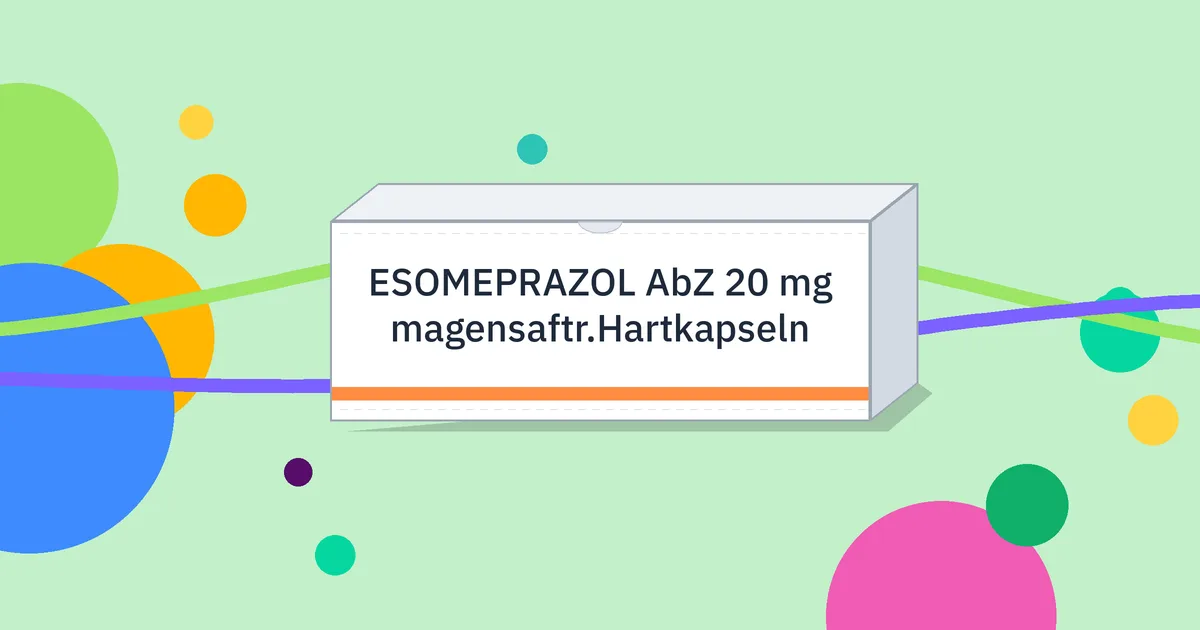 Symbolbild: Packung mit der Aufschrift ESOMEPRAZOL AbZ 20 mg magensaftr.Hartkapseln (PZN 06465349) – Verfügbarkeit und Bezug in Apotheken in Frankfurt am Main