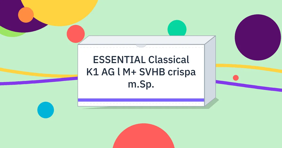 Symbolbild: Packung mit der Aufschrift ESSENTIAL Classical K1 AG l M+ SVHB crispa m.Sp. (PZN 18420895) – Verfügbarkeit und Bezug in Apotheken in Frankfurt am Main