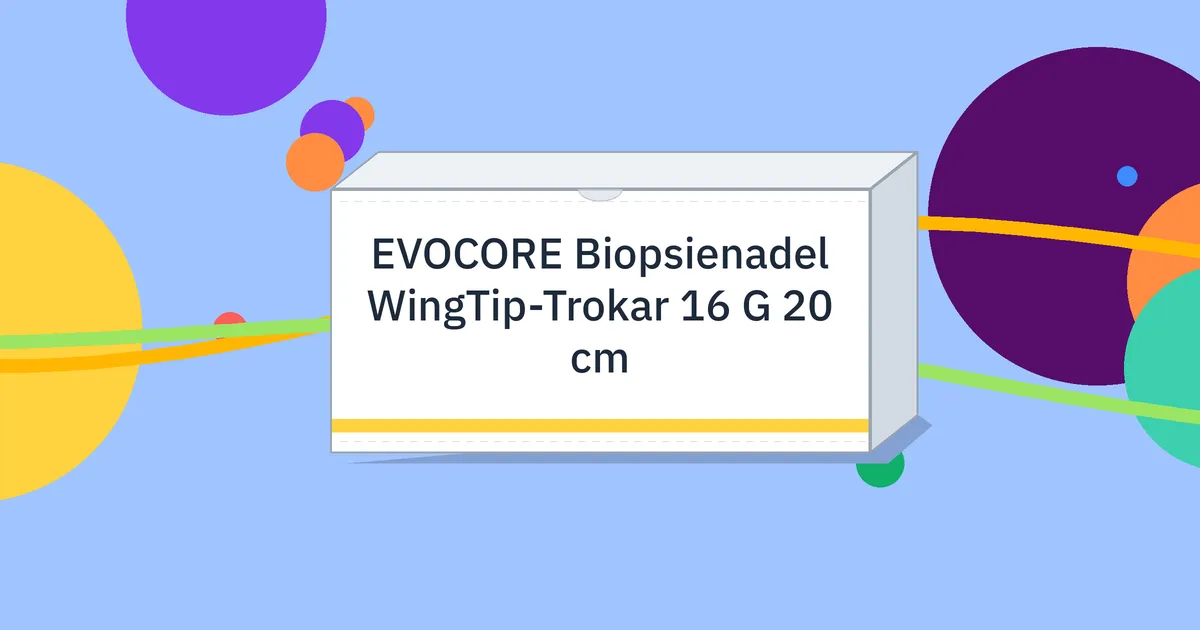 Symbolbild: Packung mit der Aufschrift EVOCORE Biopsienadel WingTip-Trokar 16 G 20 cm (PZN 11655477) – Verfügbarkeit und Bezug in Apotheken in Frankfurt am Main