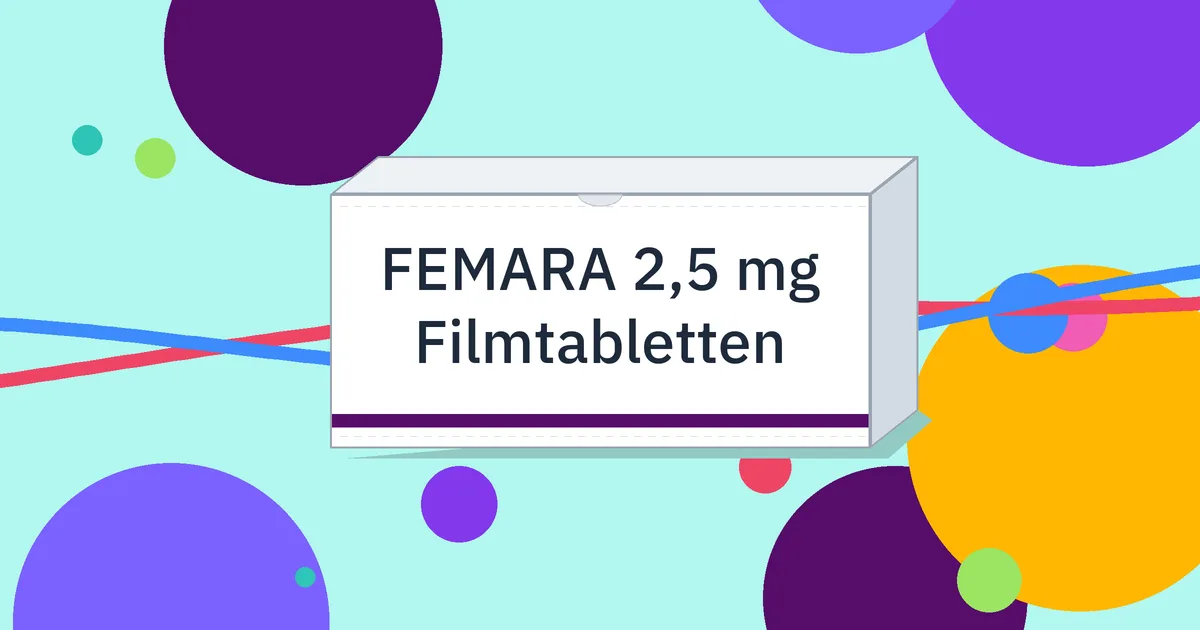 Symbolbild: Packung mit der Aufschrift FEMARA 2,5 mg Filmtabletten (PZN 09711872) – Verfügbarkeit und Bezug in Apotheken in Frankfurt am Main