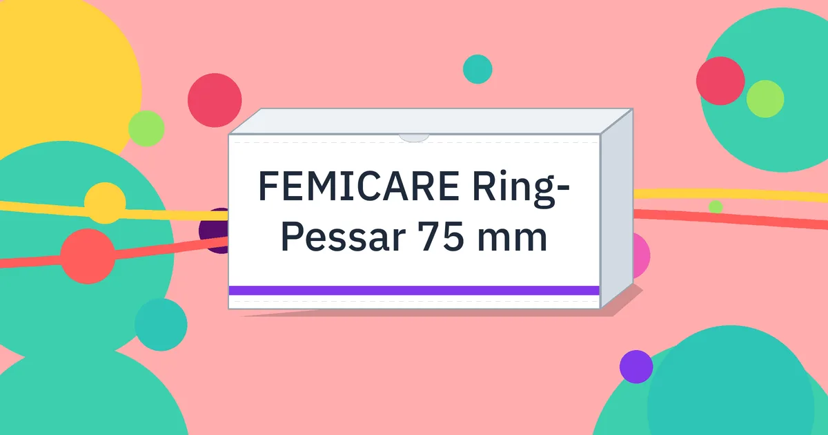 Symbolbild: Packung mit der Aufschrift FEMICARE Ring-Pessar 75 mm (PZN 19336062) – Verfügbarkeit und Bezug in Apotheken in Frankfurt am Main