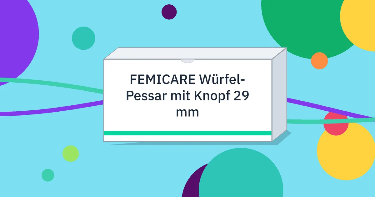 Symbolbild: Packung mit der Aufschrift FEMICARE Würfel-Pessar mit Knopf 29 mm (PZN 19335789) – Verfügbarkeit und Bezug in Apotheken in Frankfurt am Main