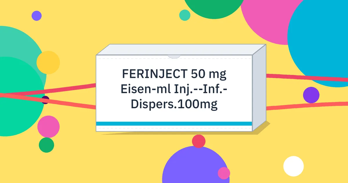 Symbolbild: Packung mit der Aufschrift FERINJECT 50 mg Eisen-ml Inj.--Inf.-Dispers.100mg (PZN 19820160) – Verfügbarkeit und Bezug in Apotheken in Frankfurt am Main
