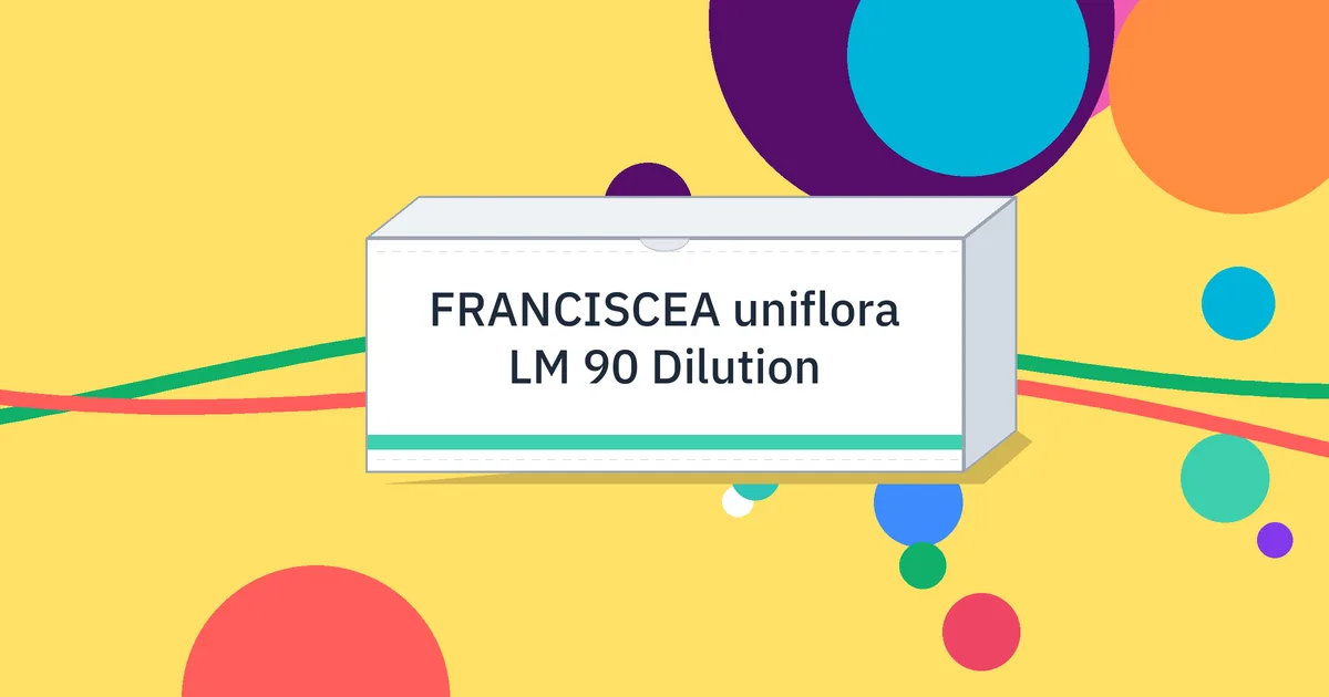 Symbolbild: Packung mit der Aufschrift FRANCISCEA uniflora LM 90 Dilution (PZN 13491382) – Verfügbarkeit und Bezug in Apotheken in Frankfurt am Main