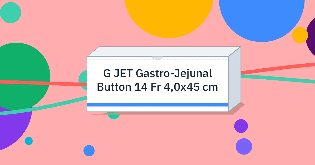 Symbolbild: Packung mit der Aufschrift G JET Gastro-Jejunal Button 14 Fr 4,0x45 cm (PZN 14346624) – Verfügbarkeit und Bezug in Apotheken in Frankfurt am Main